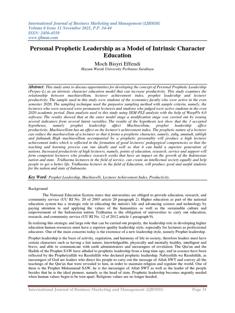 Personal Prophetic Leadership As A Model of Intrinsic Character ...
