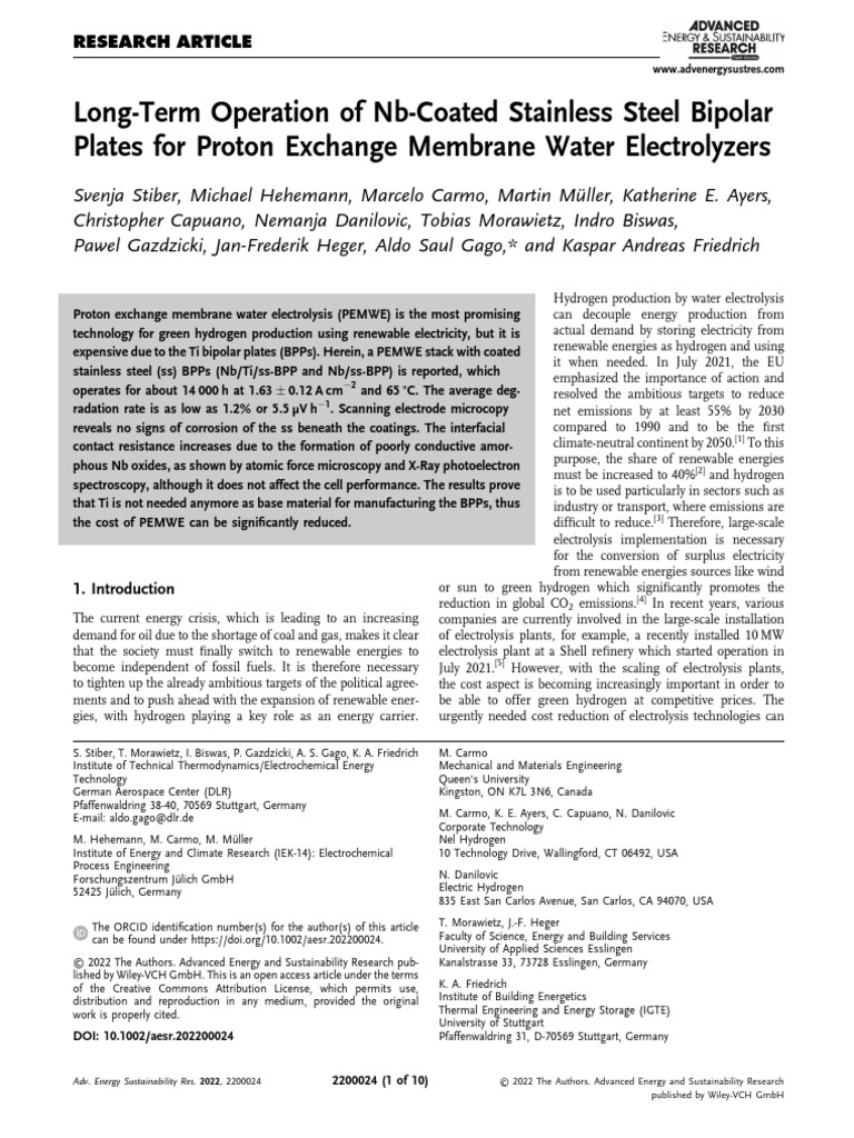BUENO!!! Adv Energy and Sustain Res - 2022 - Stiber - Long Term Operation of NB Coated Stainless ...