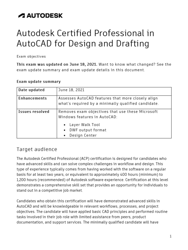 Acp Autocad for Design and Drafting Exam Objectives 061821 | PDF