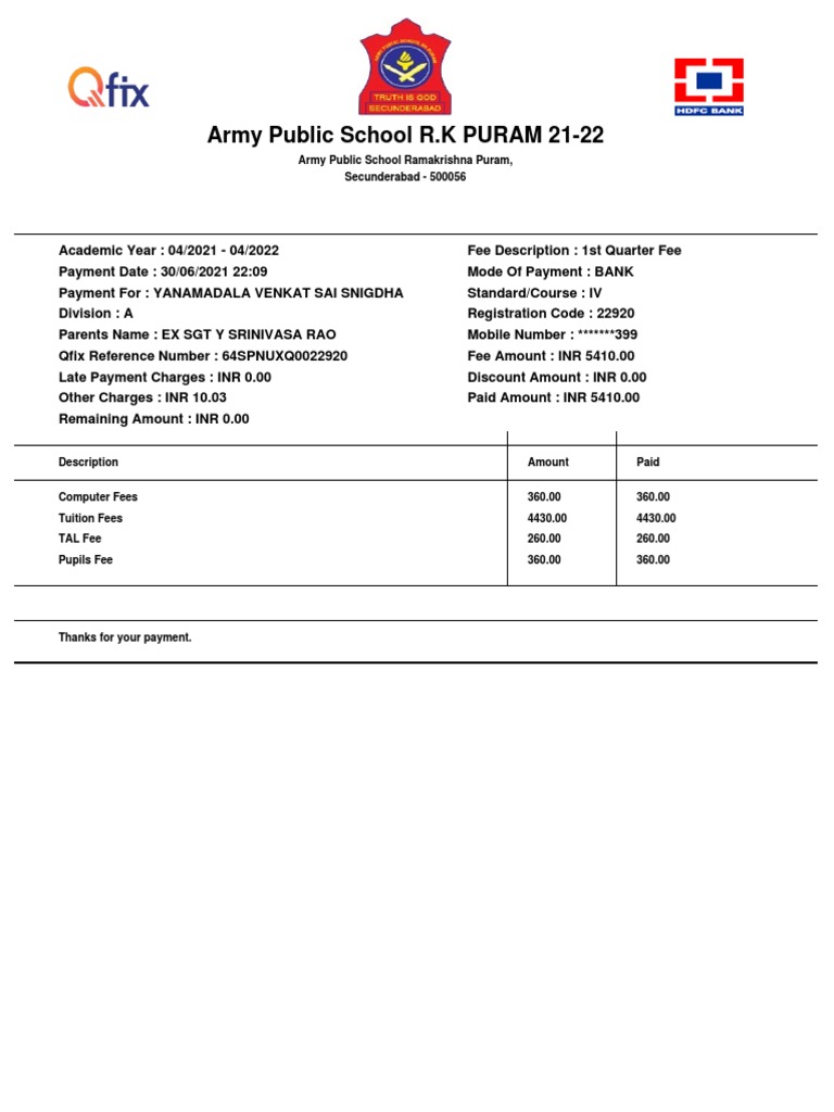 Qfix Payment Receipt 1st Quarter Fee | PDF