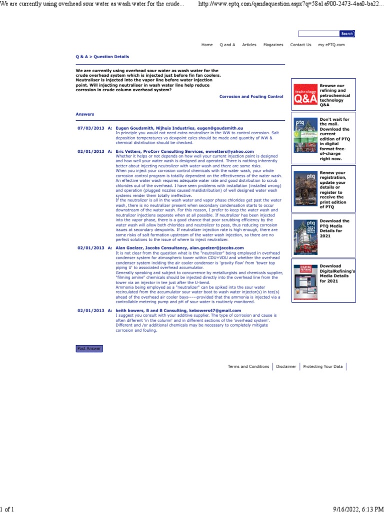 Inject Neutralizer To CDU OVHD Wash Water | PDF | Water | Corrosion