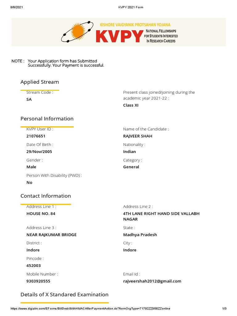 Rajveer Shah Kvpy 2021 Form | PDF | Computing