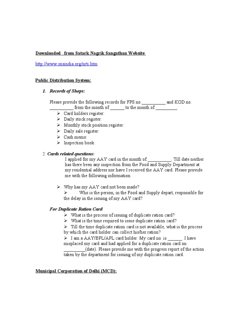 PDS and MCD - RTI Questions Template | PDF | Government | Business