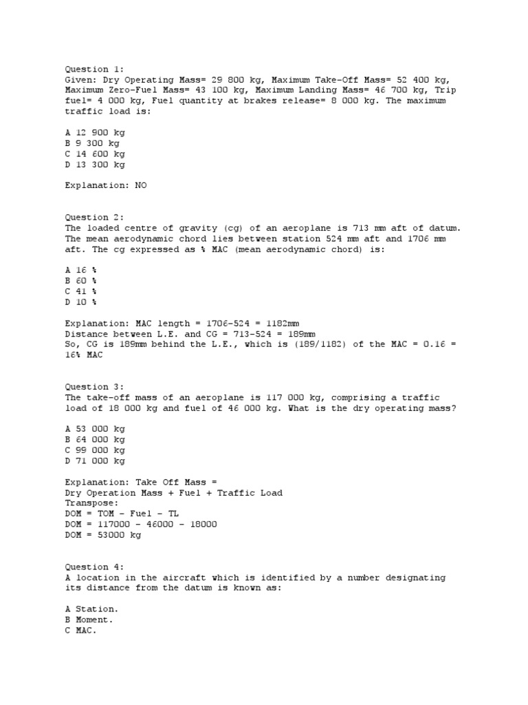 Aircraft Mass and Balance Calculations | PDF | Aerospace | Aviation