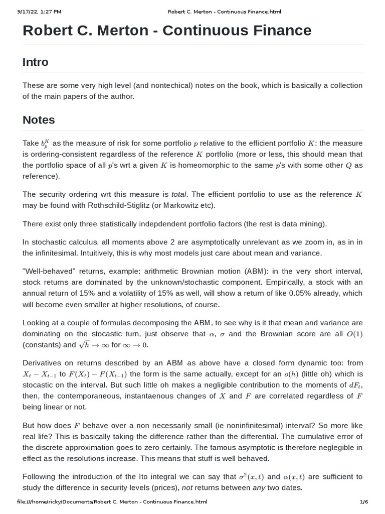 Robert C. Merton - Continuous Finance | PDF | Option (Finance) | Hedge ...