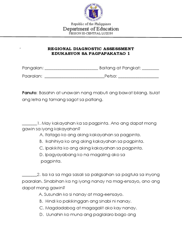 Diagnostic Assessment EsP Grade 1 | PDF