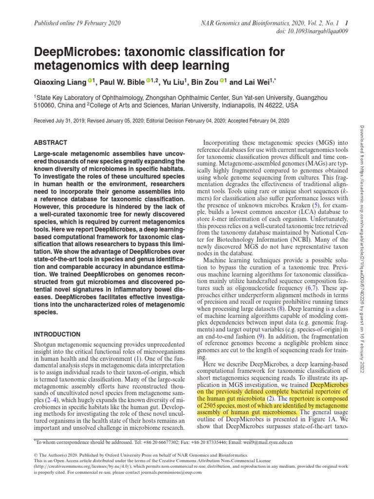 DeepMicrobes Taxonomic Classification For Metagenomics Using Deep Learning | PDF | National ...