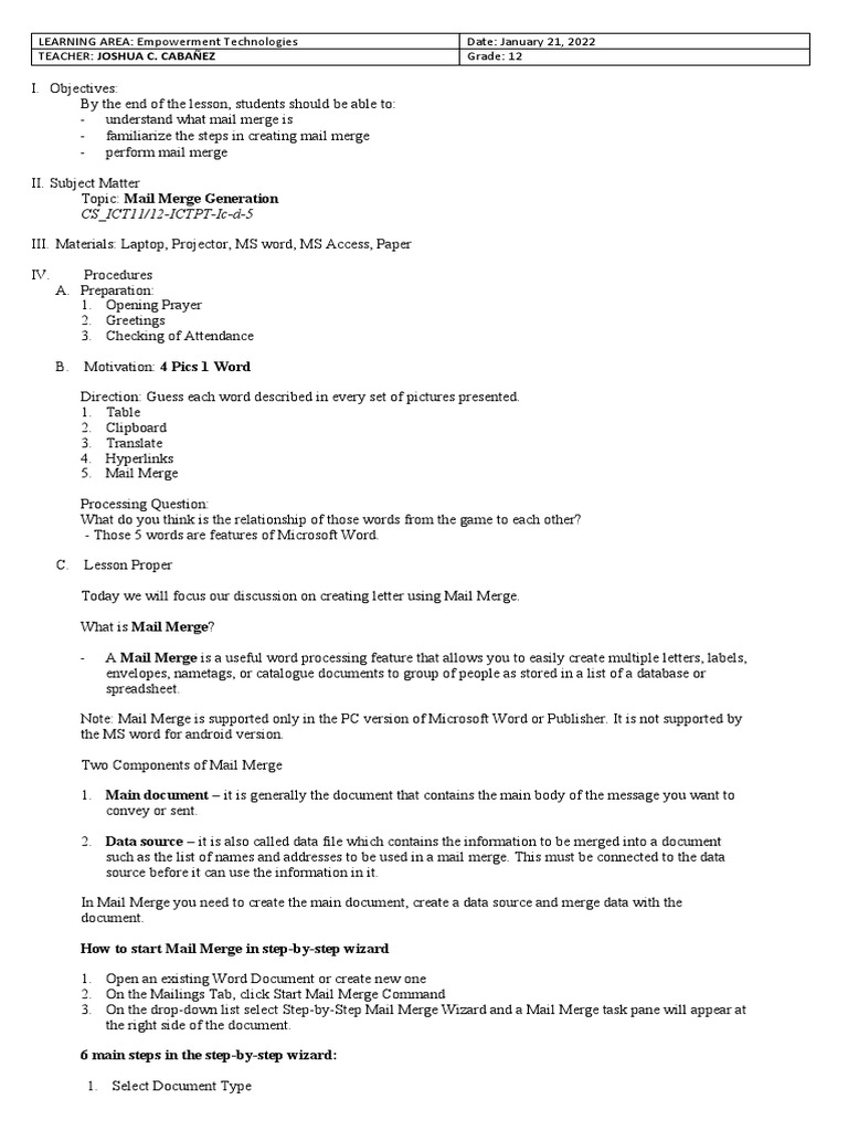 Lesson Plan, Joshua Cabañez, Mail Merge | PDF | Mail | Microsoft Word