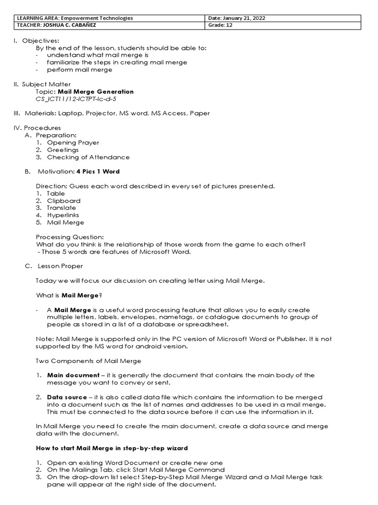 Grade 12 Mail Merge Lesson | PDF | Mail | Microsoft Word