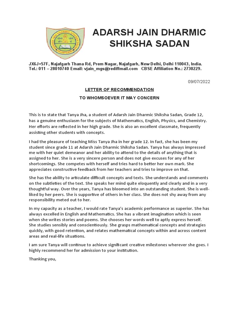 Adarsh Jain Sample Recommendation Letter | PDF Adarsh Jain Sample Recommendation Letter | PDF