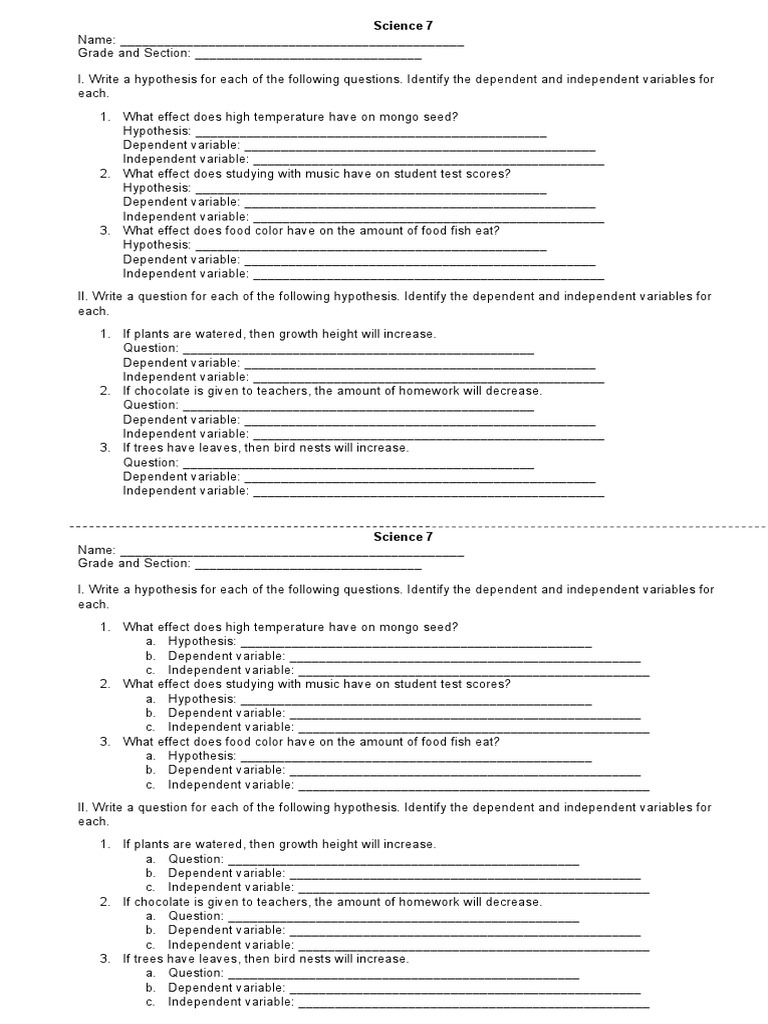 Science 7 Hypothesis and Variables Guide | PDF | Homework | Organisms