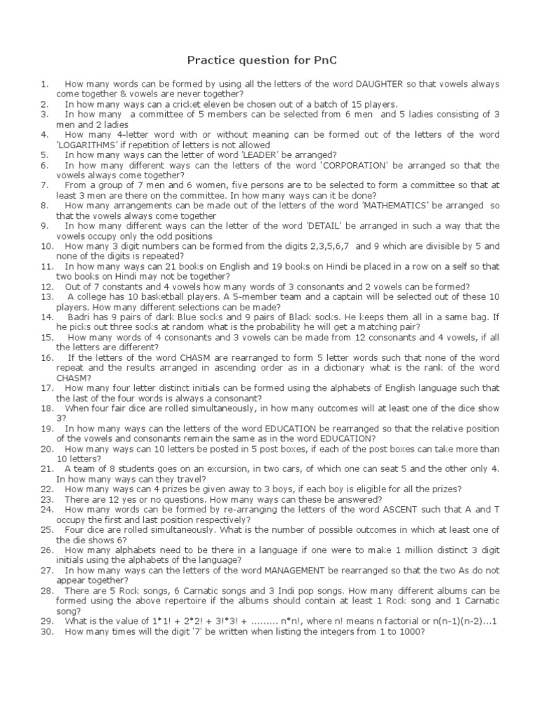 Practice Question For PNC | PDF | Consonant | Numbers