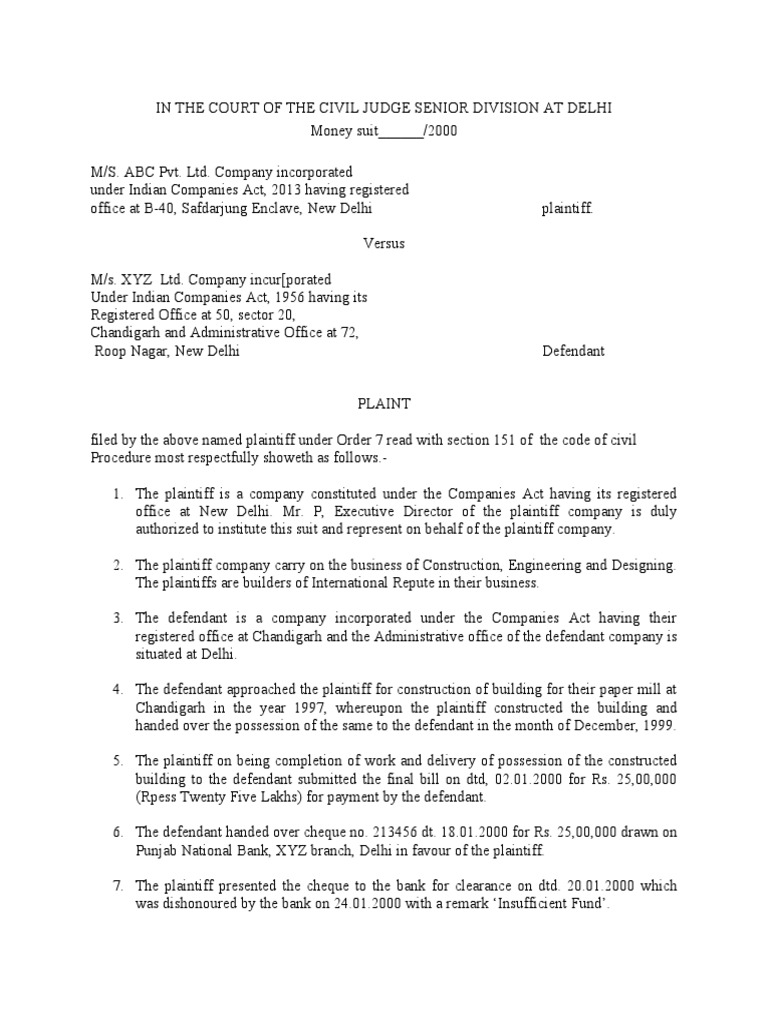 Plaint - Suit For Recovery of Money | PDF | Cheque | Lawsuit