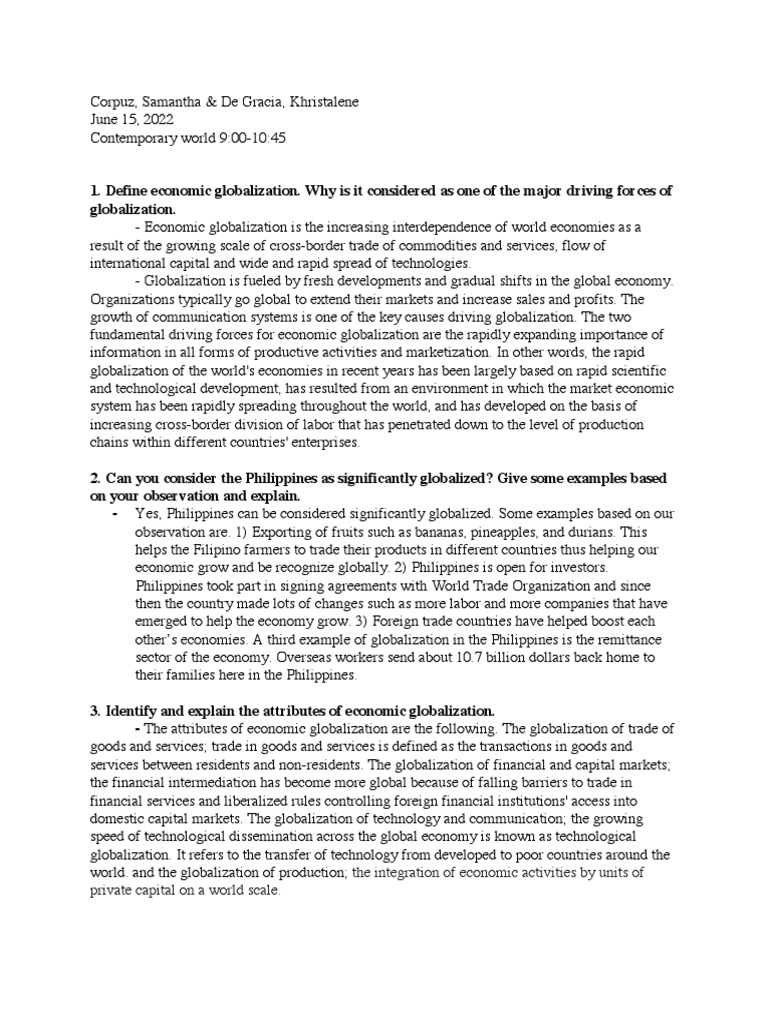 Contemporary World Assignment 1 | PDF | Globalization | Economic ...