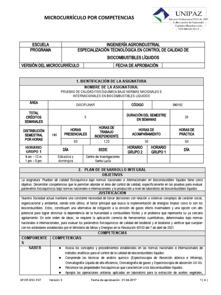 Microcurriculo Pruebas Fisicoquimicas - Versión 3 | PDF ... Microcurriculo Pruebas Fisicoquimicas - Versión 3 | PDF ...