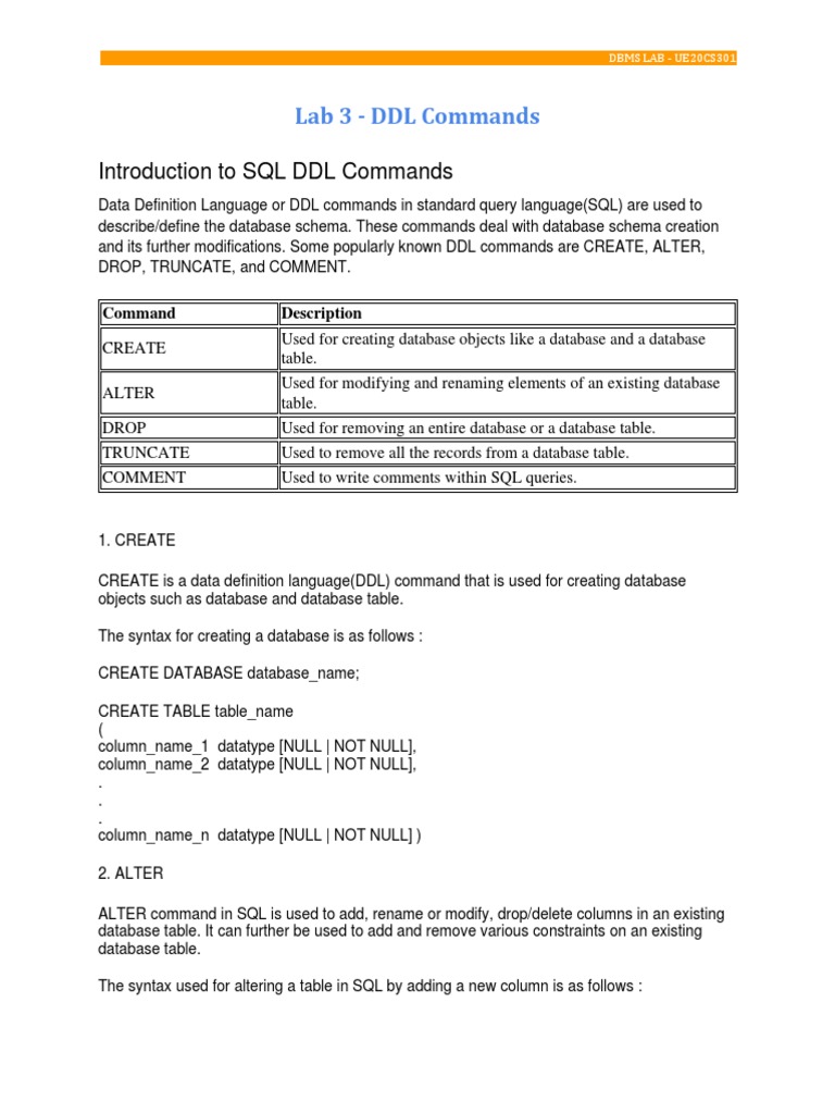Lab 3 - DDL - Commands - Student | PDF | Databases | Information Technology