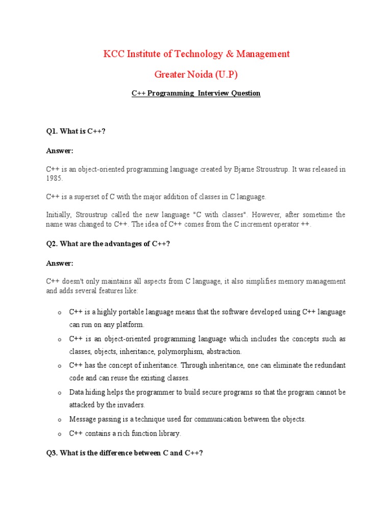 C++ Programming Interview Question | PDF | C++ | Class (Computer Programming)