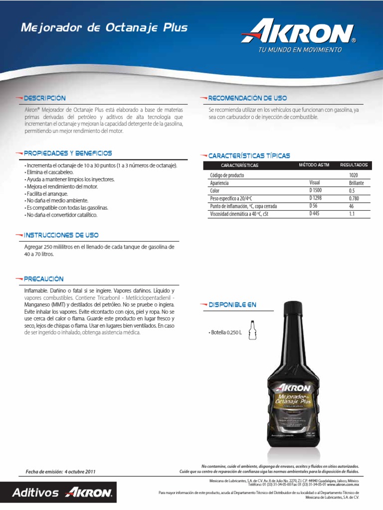 Akron Mejorador de Octanaje | PDF | Gasolina | Sustancias químicas