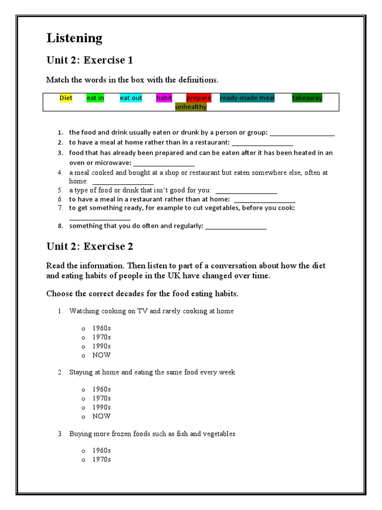 Unit 2 - Listening - HW | Download Free PDF | Meal | Foods