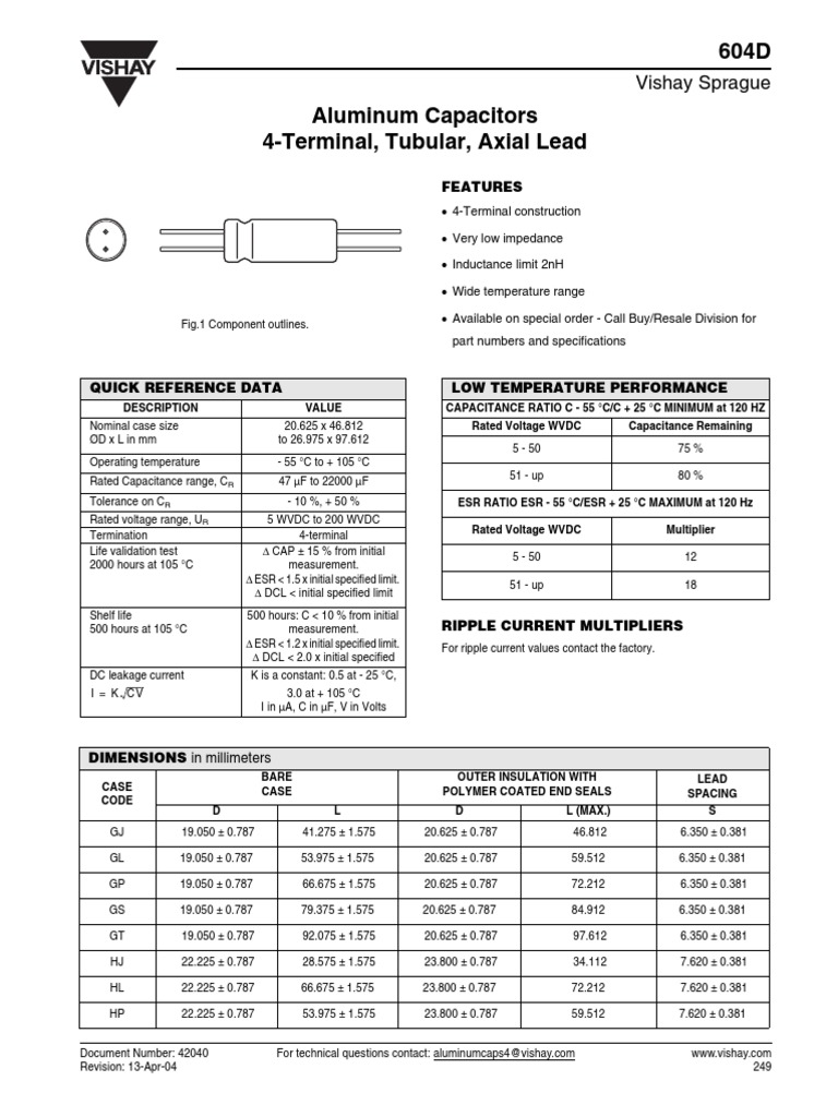 Vishay Sprague 4-Terminal Aluminum Capacitors Technical Specifications | PDF | Capacitor ...