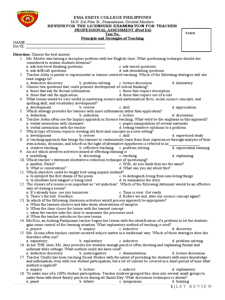 LET (Prof 1) Principles and Strategies of Teaching | PDF | Teaching Method | Learning