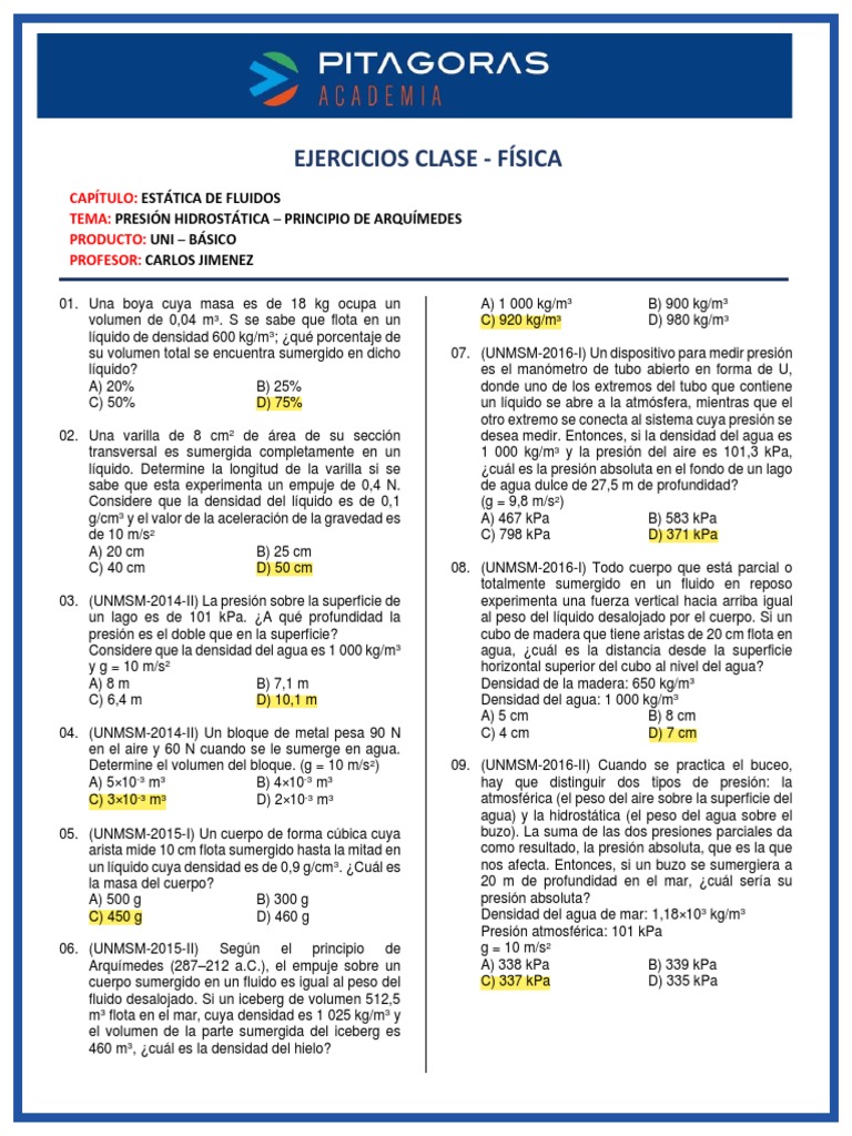 Sse-Fi-Ej08-Estática de Fluidos | PDF | Presión | Pascal (Unidad)