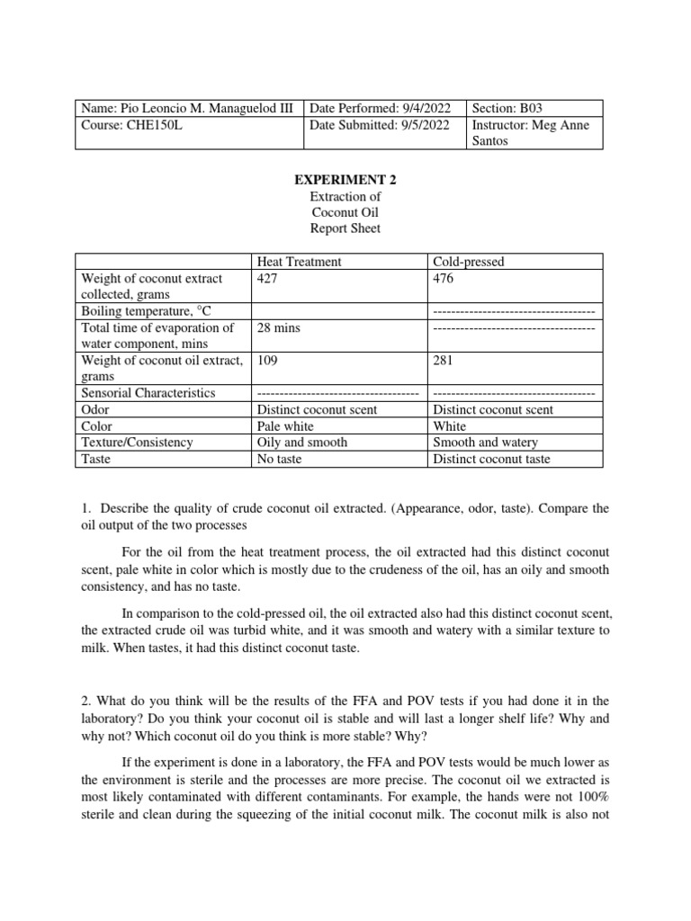 Experiment 2 Coconut Oil | PDF | Coconut Oil | Oil Experiment 2 Coconut Oil | PDF | Coconut Oil | Oil