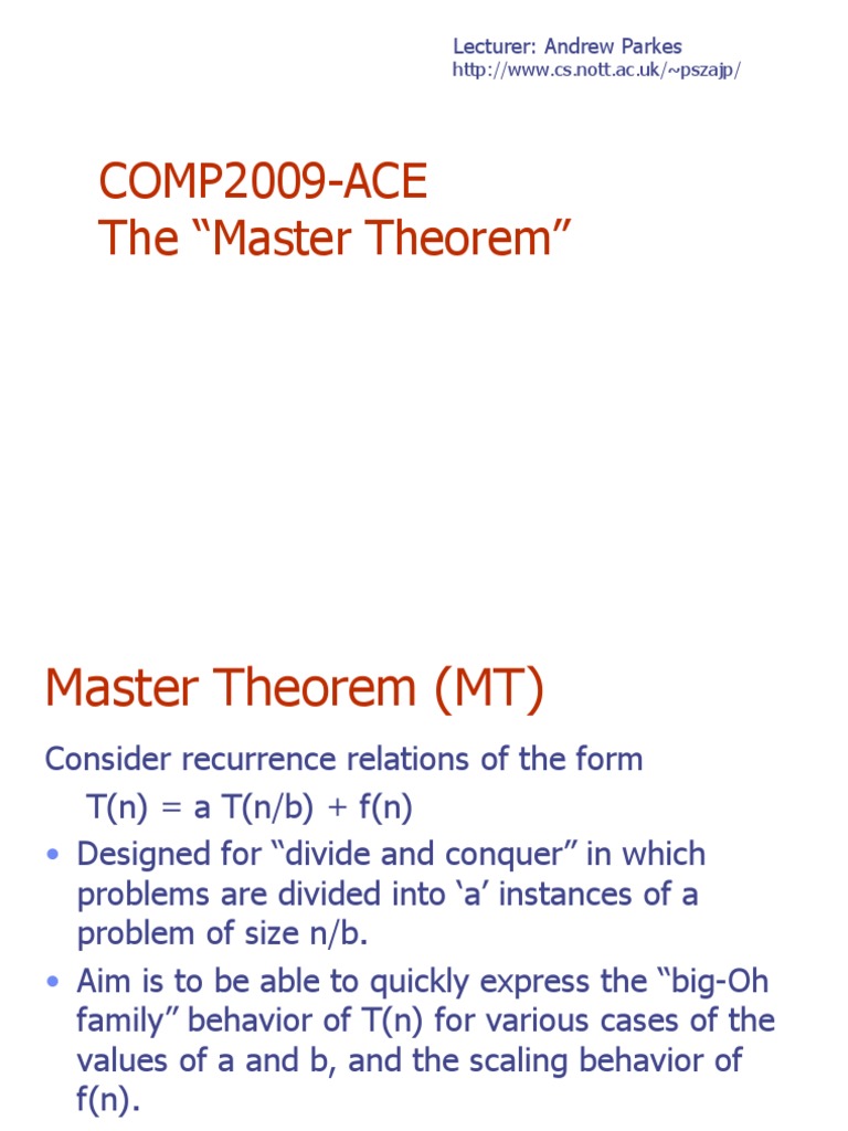 ADE Lec12 Master Theorem | PDF | Theoretical Computer Science | Applied Mathematics