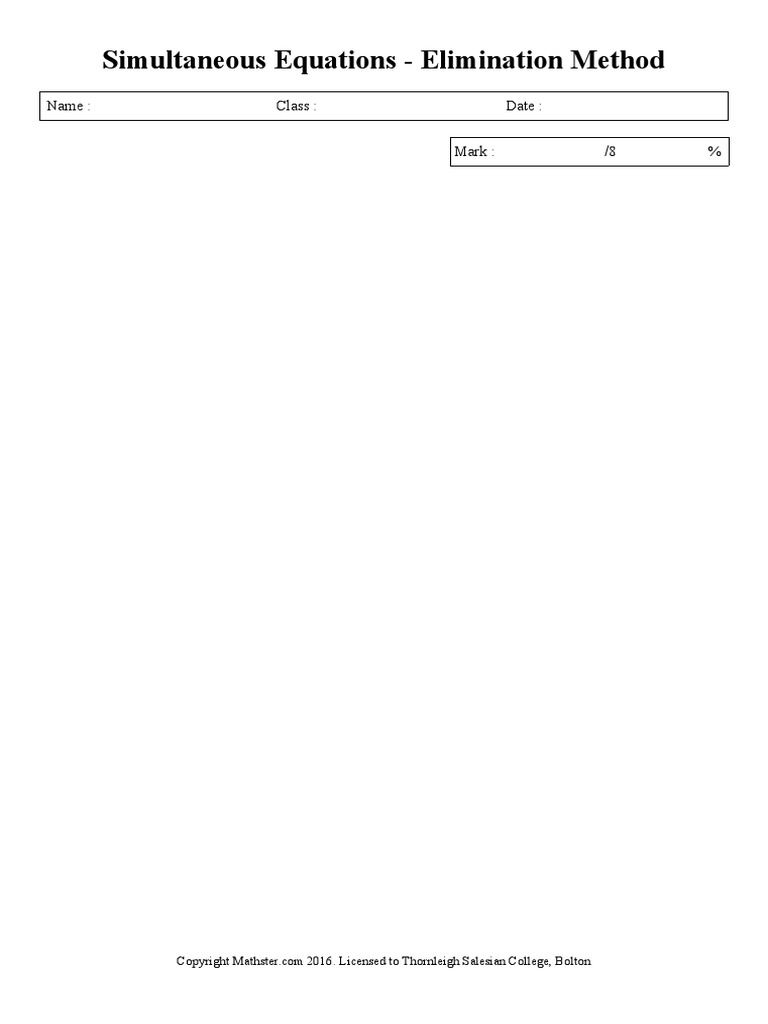 Simultaneous Equations Elimination Method 1 Pdf