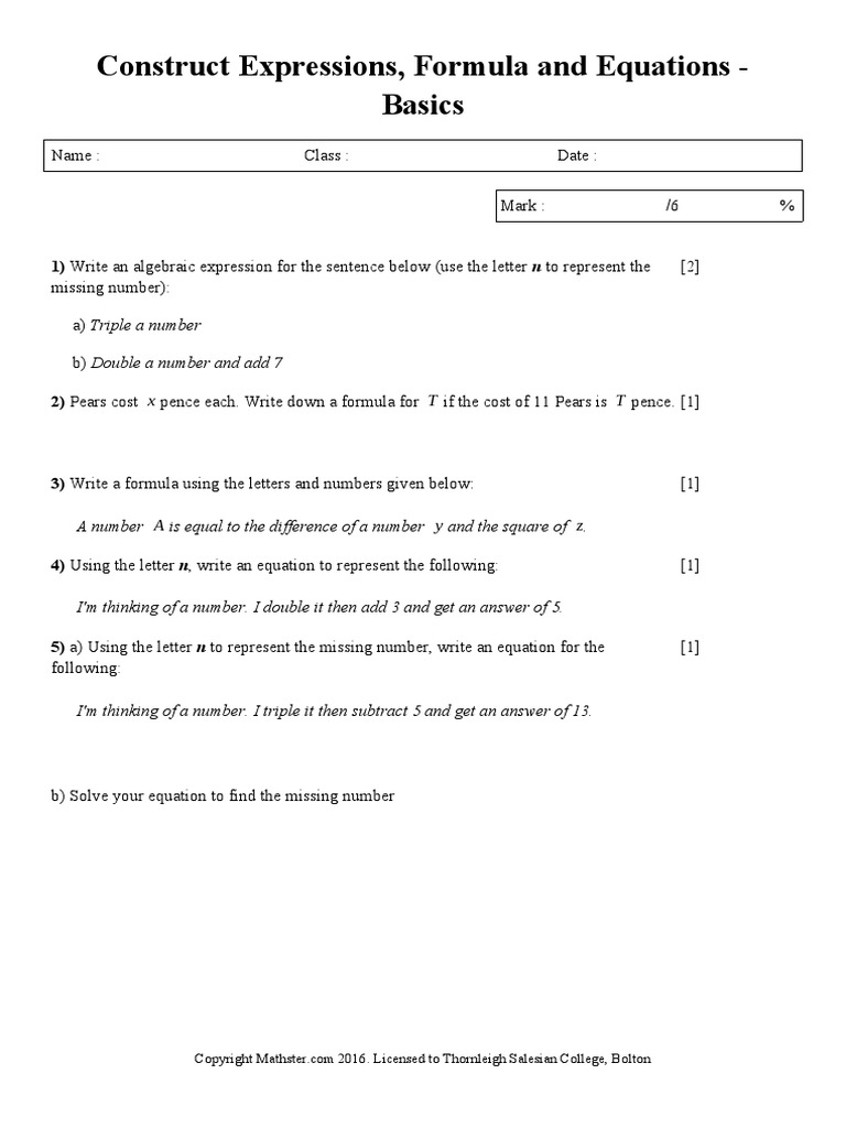 Construct Expressions, Formula and Equations | PDF | Teaching Methods ...