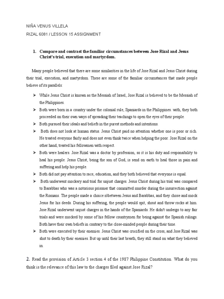 Villela Rizal Lesson 15 Assignment | PDF | Jesus | Barabbas