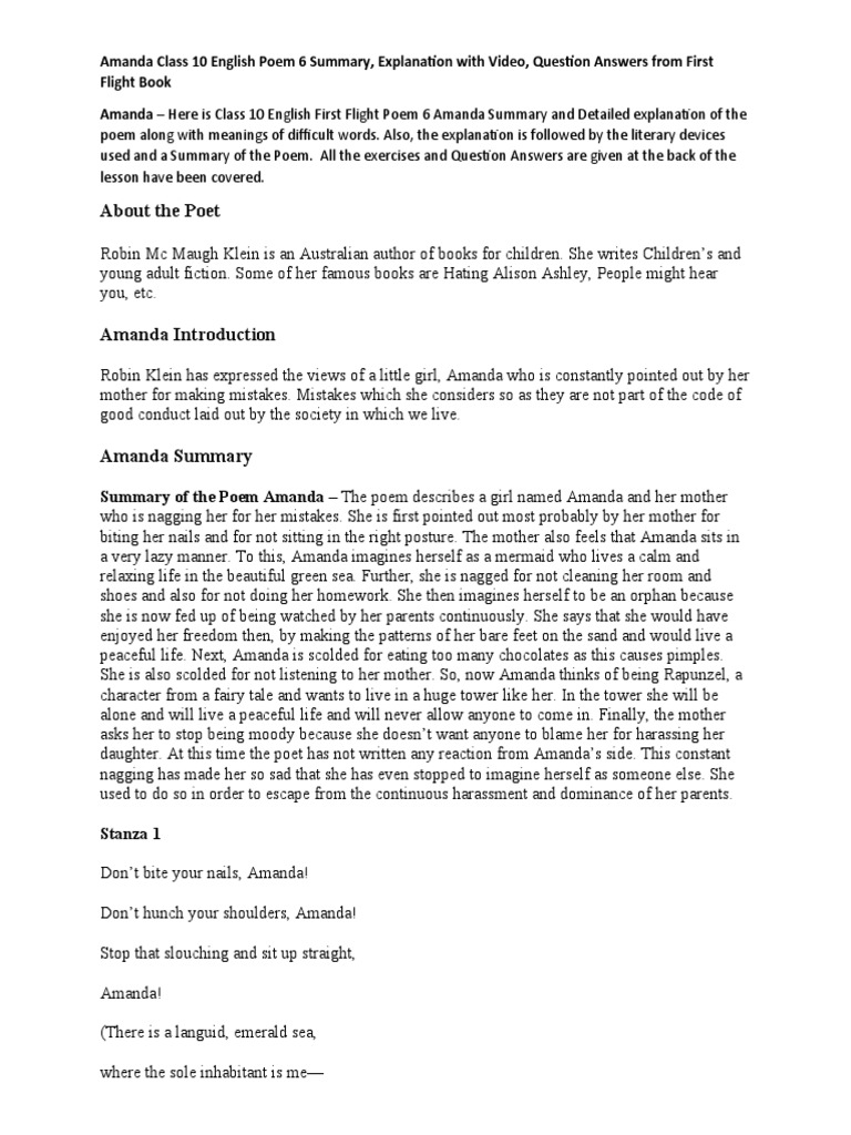 Amanda Class 10 English Poem 6 Summary | PDF | Rhyme | Rapunzel