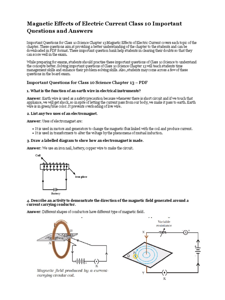 Magnetic Effects of Electric Current Class 10 Important Questions and ...