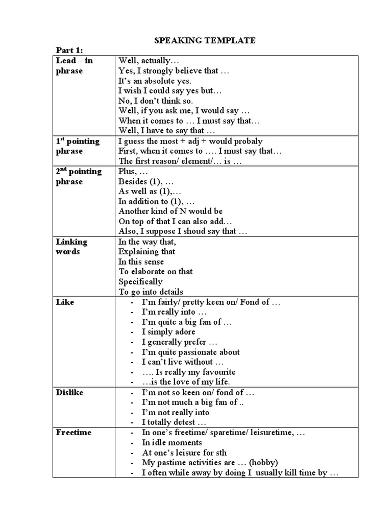 Speaking Template | PDF | Phrase