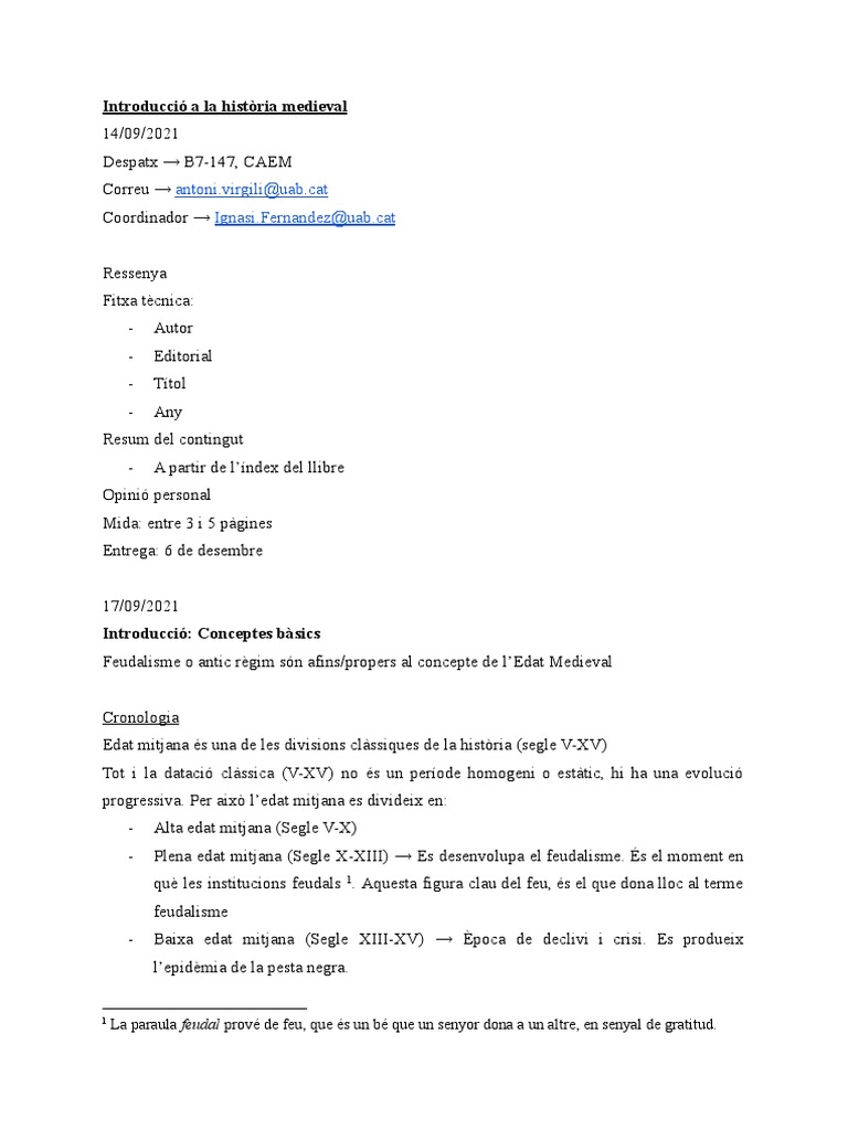 Introducció A La Història Medieval Apunts | PDF
