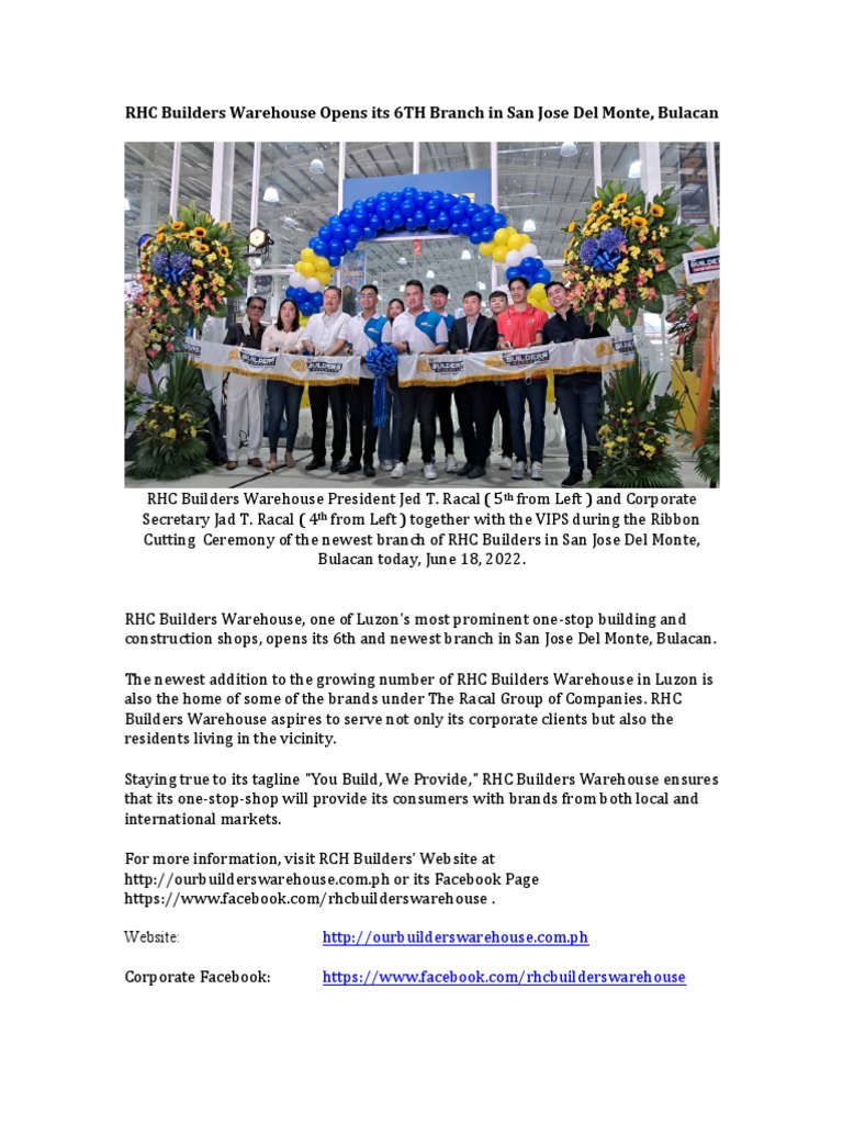 RHC Builders Warehouse Opens Its 6TH Branch in San Jose Del Monte | PDF
