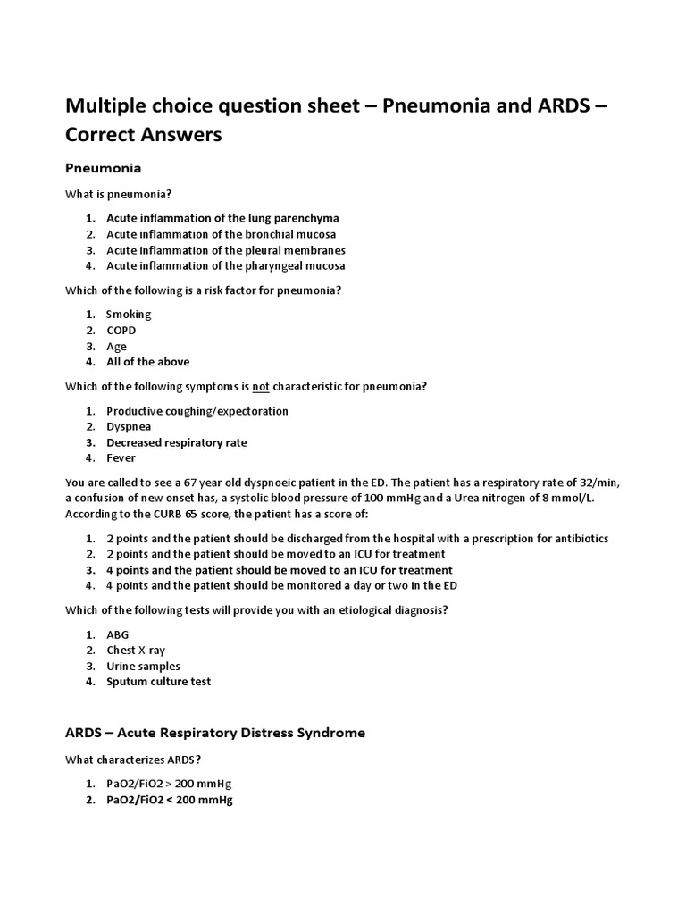 Correct Answers MCQ Pneumonia and ARDS | PDF