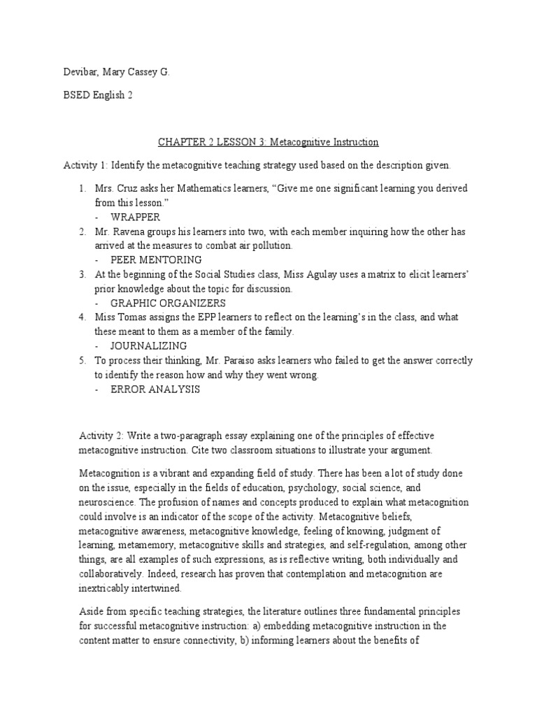 Chapter 2 Lesson 3 | PDF | Metacognition | Teaching Method