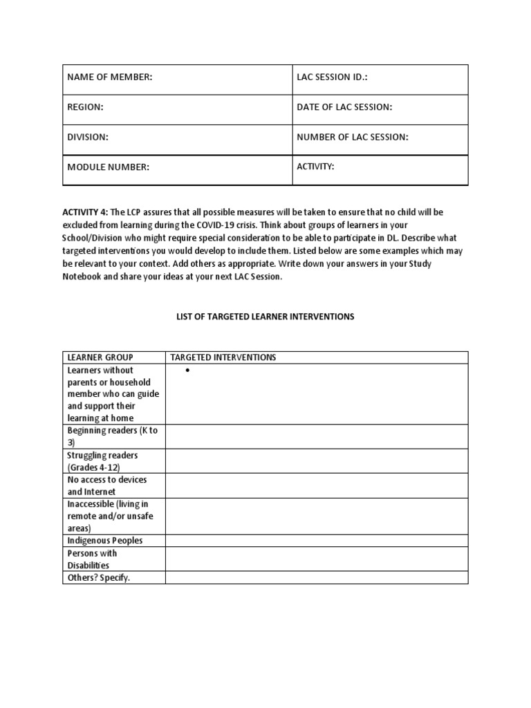 Module 3a - Lesson1 - List of Targeted Learner Intervention | PDF ...