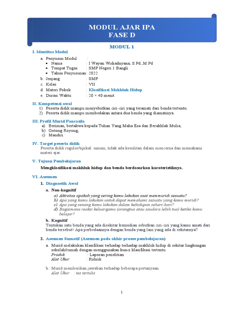 MODUL AJAR IPA - Klasifikasi Makhluk Hidup | PDF