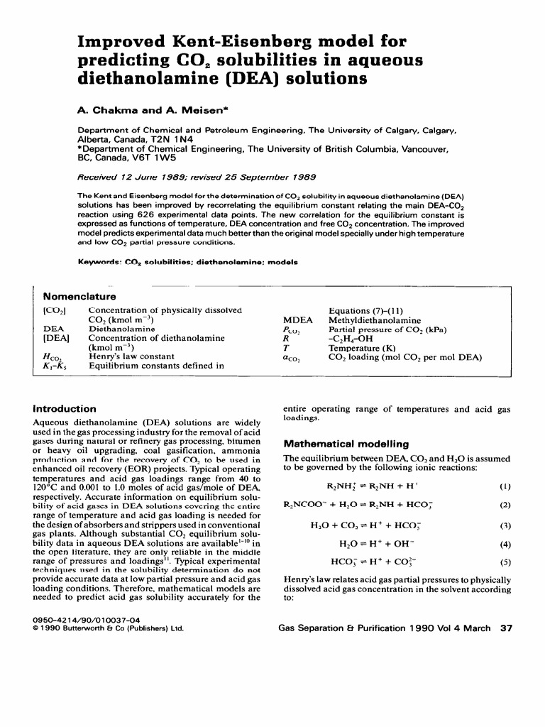 Improved Kent-Eisenberg Model For Predicting CO2 Solubilities in Aqueous Diethanolamine (DEA ...