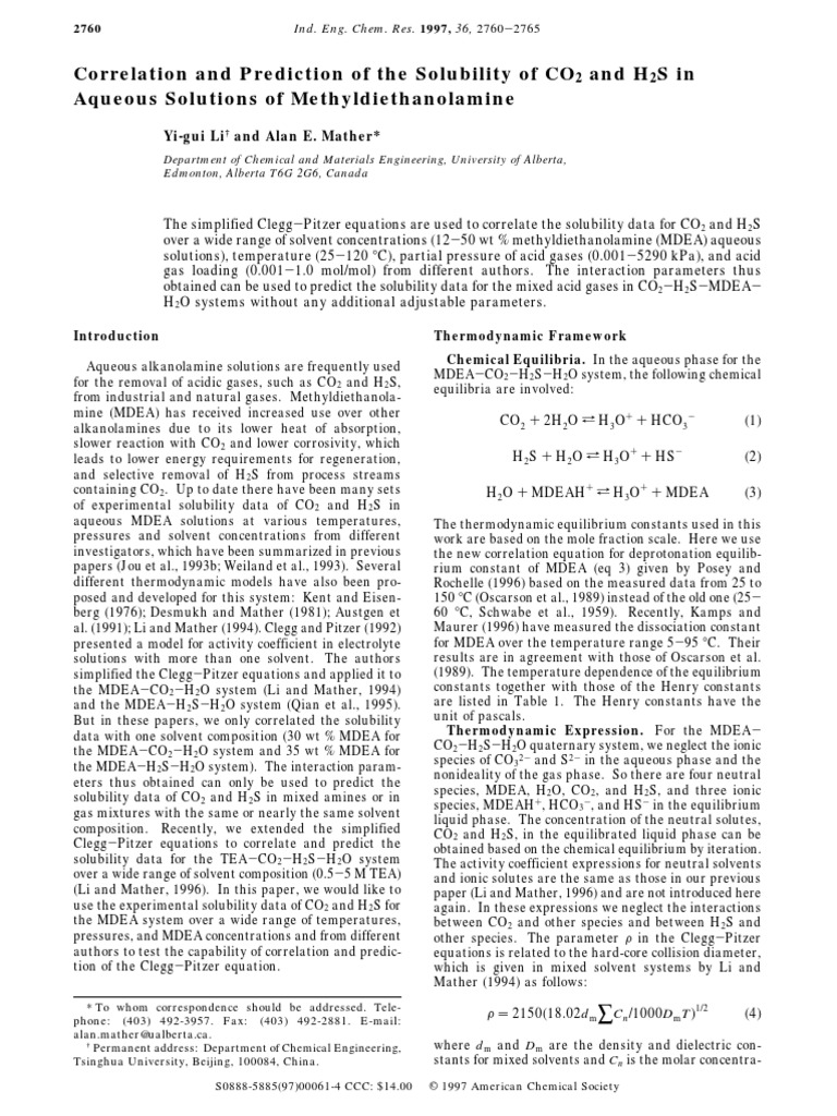 Correlation and Prediction of The Solubility of CO2 and H2S in | PDF | Solubility | Chemical ...
