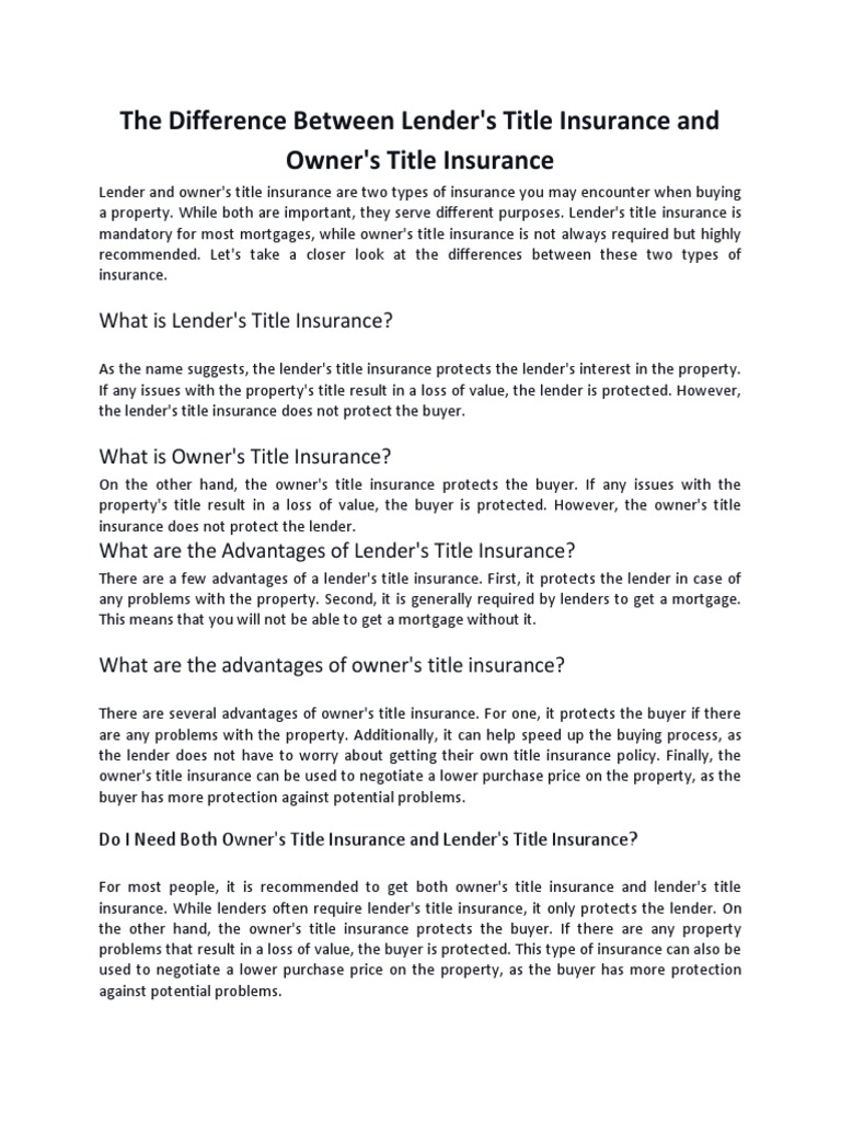 The Difference Between Lender's Title Insurance and Owner's Title ...