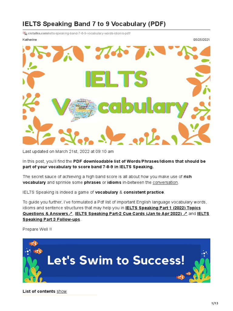 IELTS Speaking Band 7 To 9 Vocabulary PDF | PDF