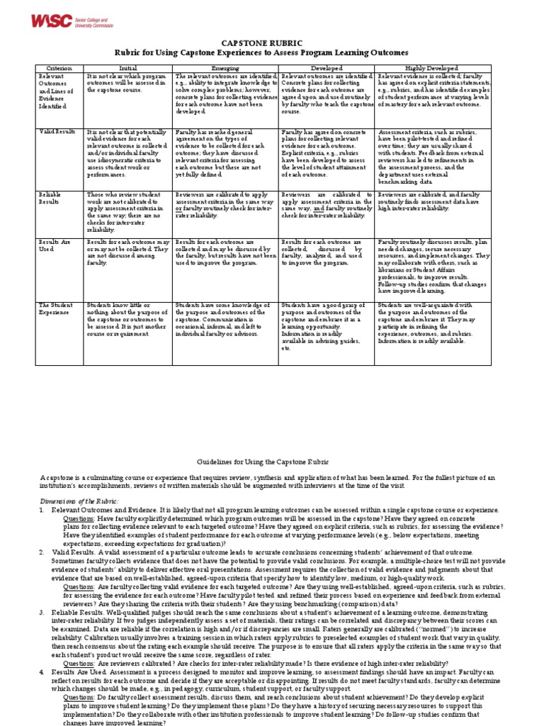 Wasc Rubric For Using Capstone Exp Assess PRGR Learning Outcomes | PDF ...