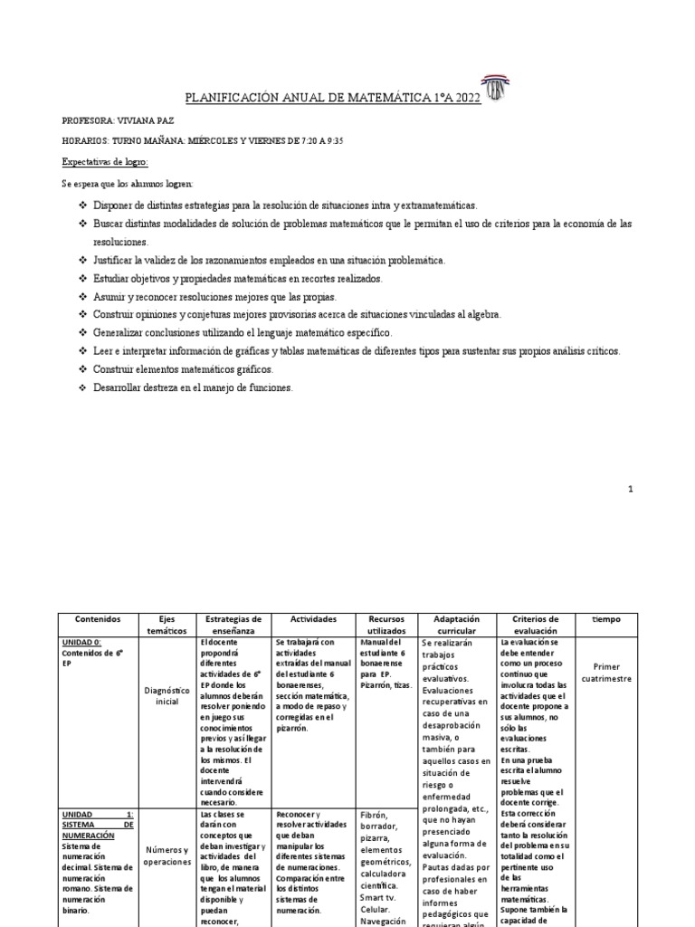 Planificación Anual De Matemática 1ºa 2022 Pdf Matemáticas Evaluación 7741