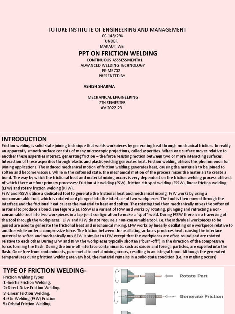 PPT on Friction Welding Techniques and Applications | PDF | Construction | Welding