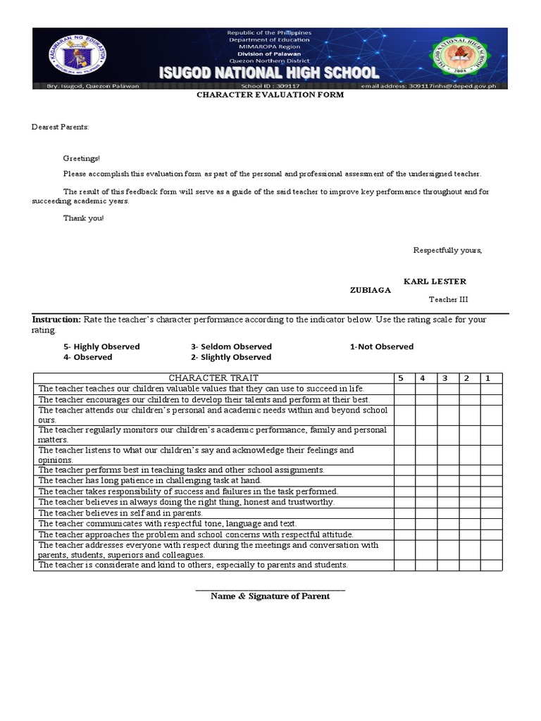 Character Evaluation Form | PDF | Performance Appraisal | Behavioural ...