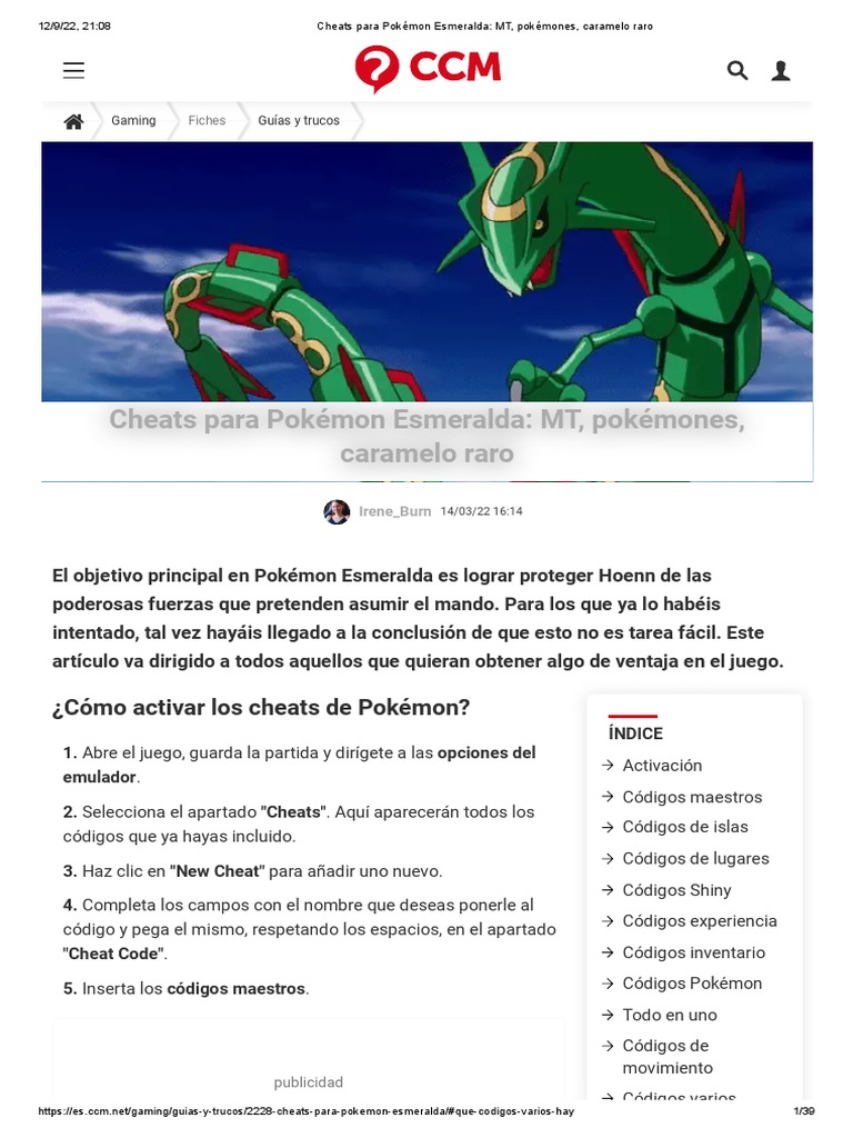Cheats para Pokémon Esmeralda - MT, Pokémones, Caramelo Raro | PDF