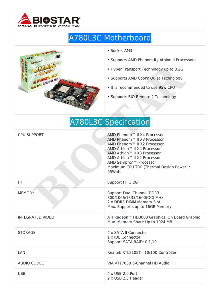 Biostar A780l3c Spec | PDF | Advanced Micro Devices | Bios